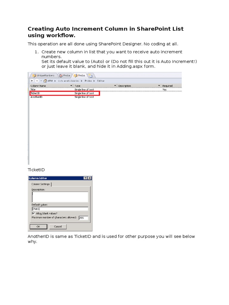 Creating AutoIncrement Column in Sharepoint List Using Workflow | PDF