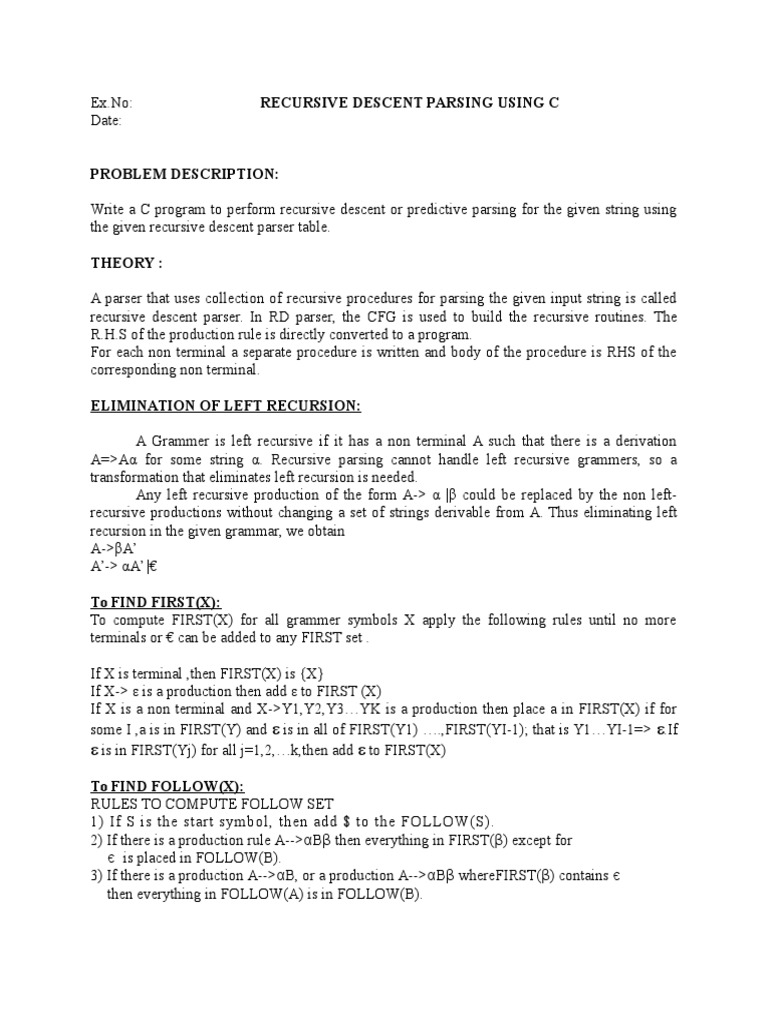 Recursive Descent Parsing in C | PDF | Metalogic | Implementation
