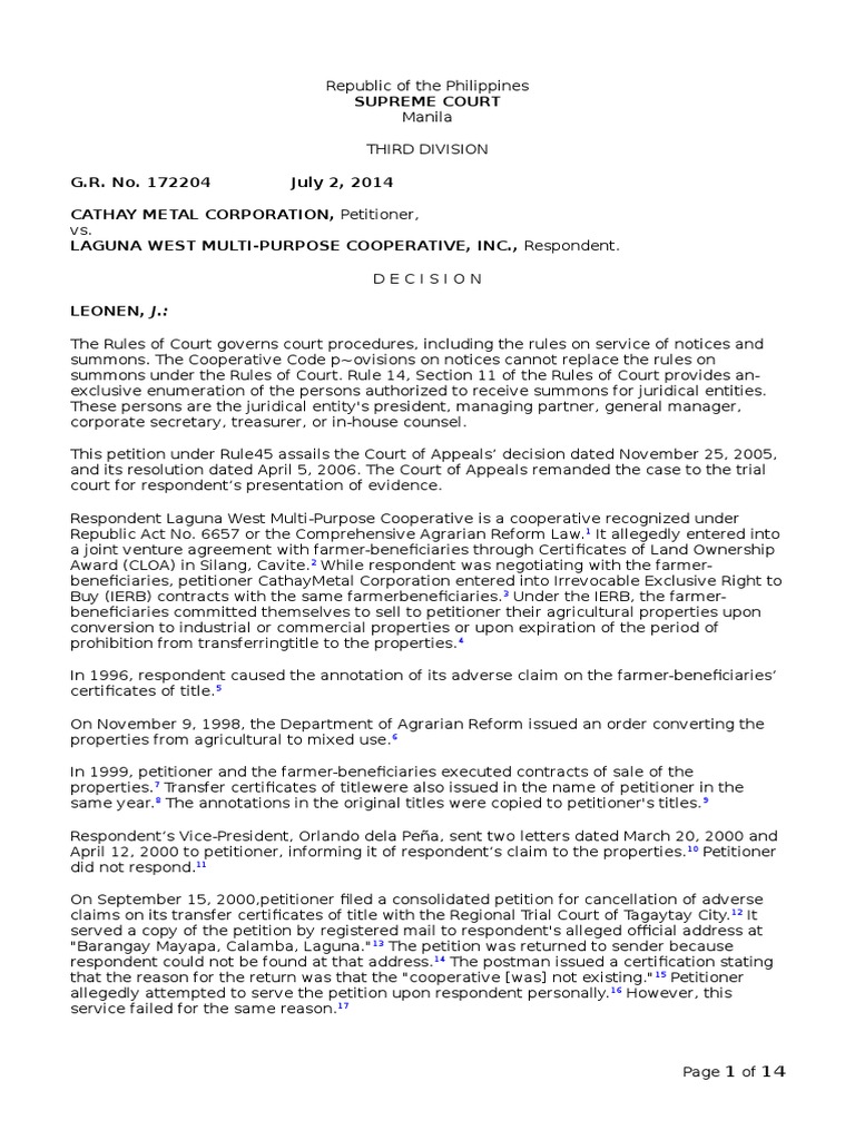 Cathay Metal V Laguna West - GR 172204 | PDF | Summons | Lawsuit