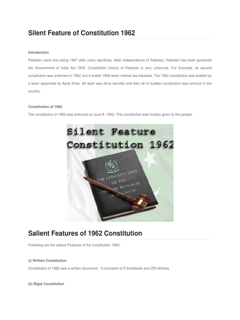 Silent Feature of Constitution 1962 Pakistan | PDF | Document | Constitution