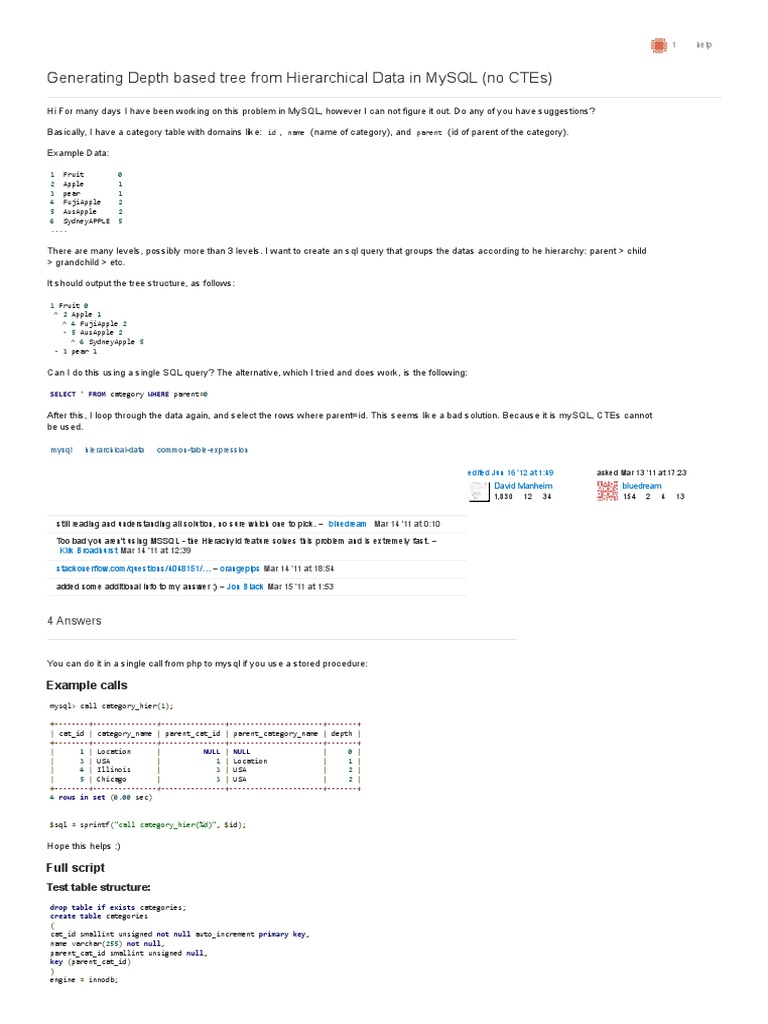 Generating Depth Based Tree From Hierarchical Data In Mysql No Ctes Stack Overflow Pdf