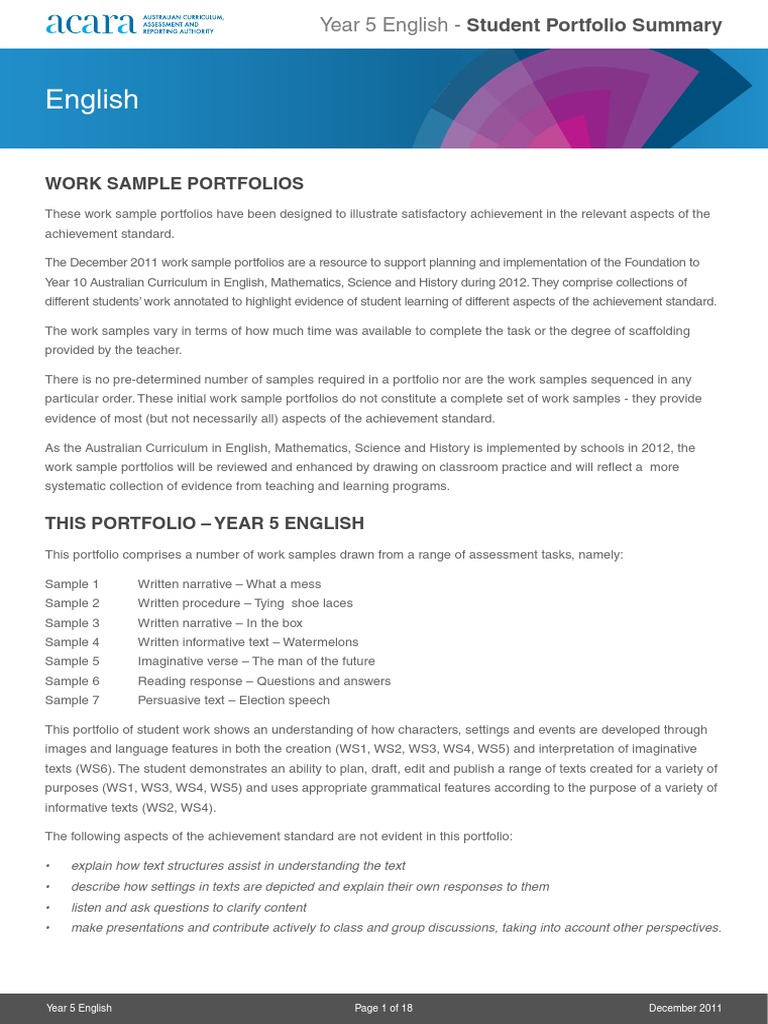 Year 5 English Portfolio Examples | PDF | English Language | Reading ...