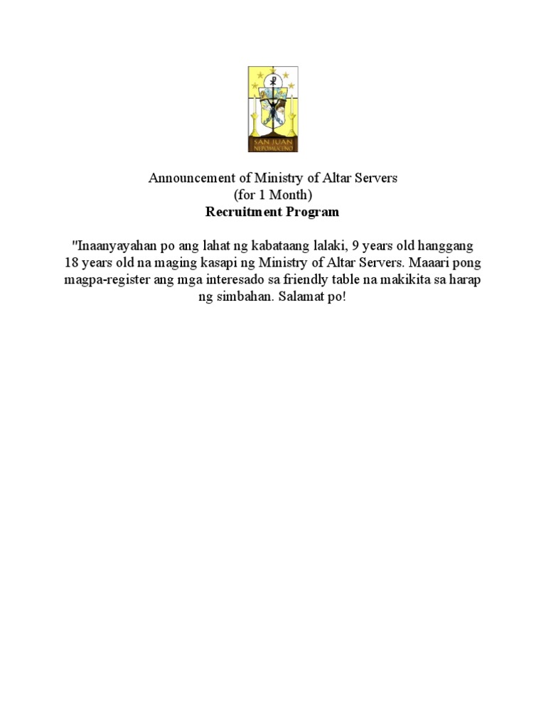 Announcement of Ministry of Altar Servers | PDF