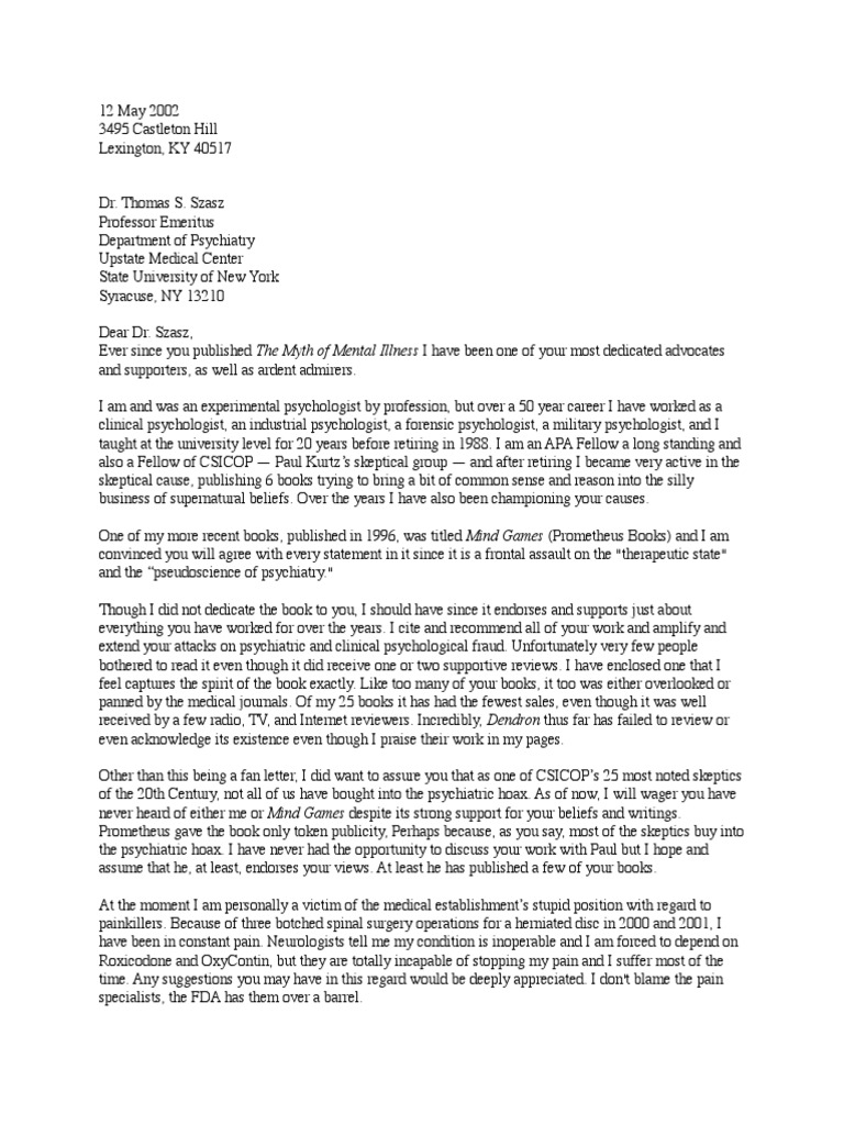 Letter to Thomas Szasz from psychologist Robert A. Baker | Psychiatry ...