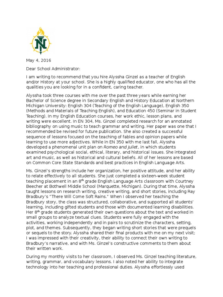Recommendation for Alyssha Ginzel, Teacher | PDF | Special Education ...