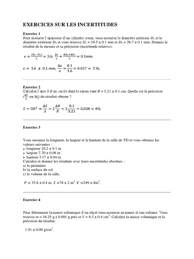 Exercices Corriges Sur Les Incertitudes | PDF | Quantité | Sciences ...