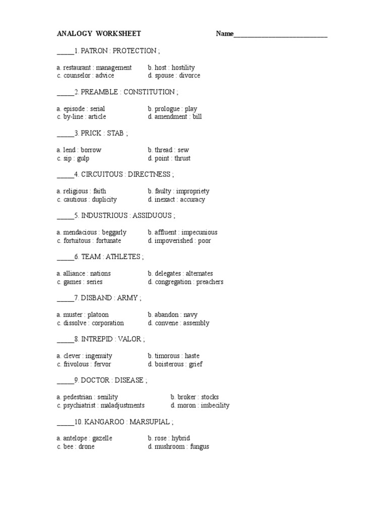 Analogy Worksheet | PDF