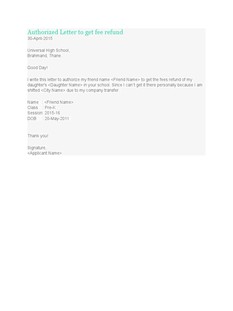Authorized Letter To Get Fee Refund | PDF