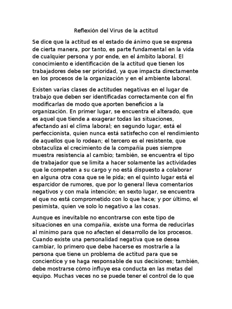 Reflexión Del Virus de La Actitud | PDF | Comportamiento | Actitud ...