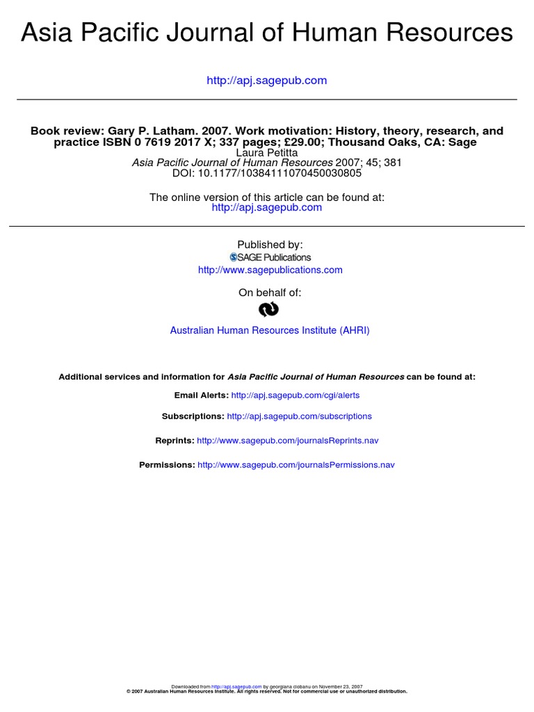 Book Review: Gary P. Latham. 2007. Work Motivation: History, Theory ...