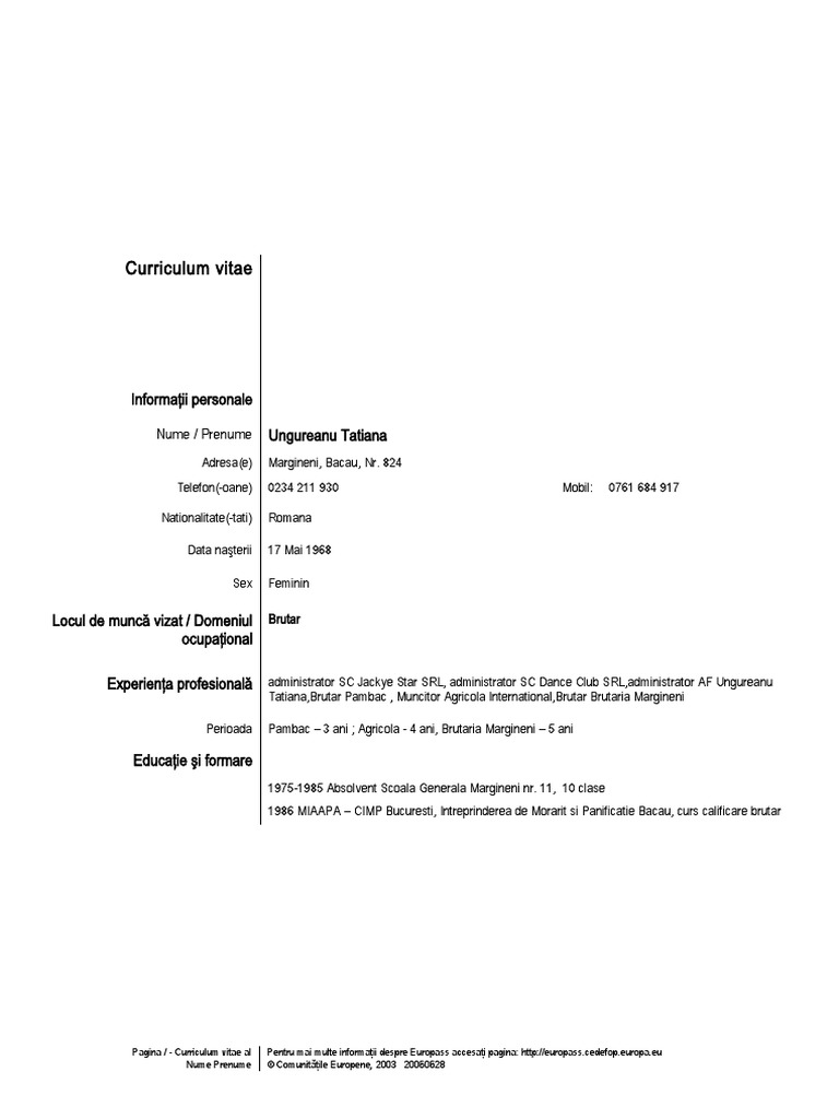 Model Cv Curriculum Vitae European Romana