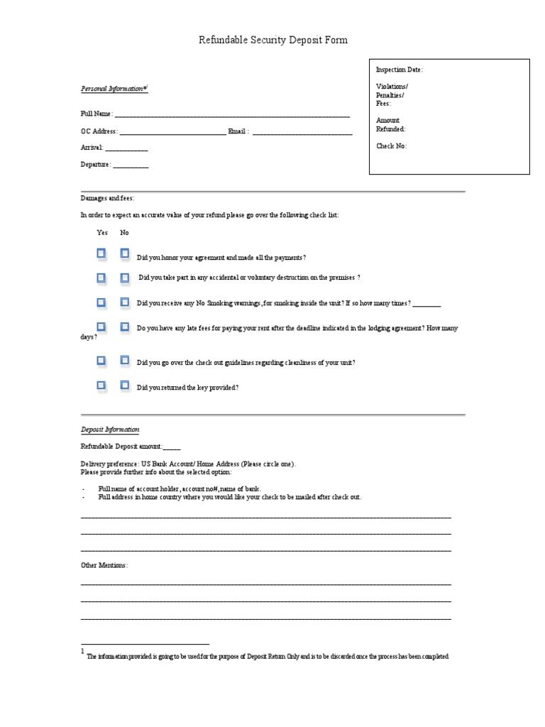 Deposit Refund Form | PDF | Cheque | Deposit Account