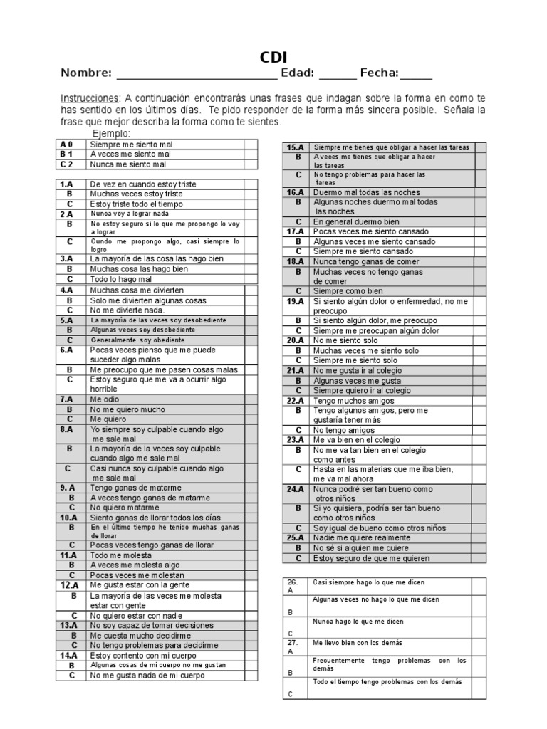 CDI Cuestionario de Depresión Infantil | PDF | Ocio | Entretenimiento ...