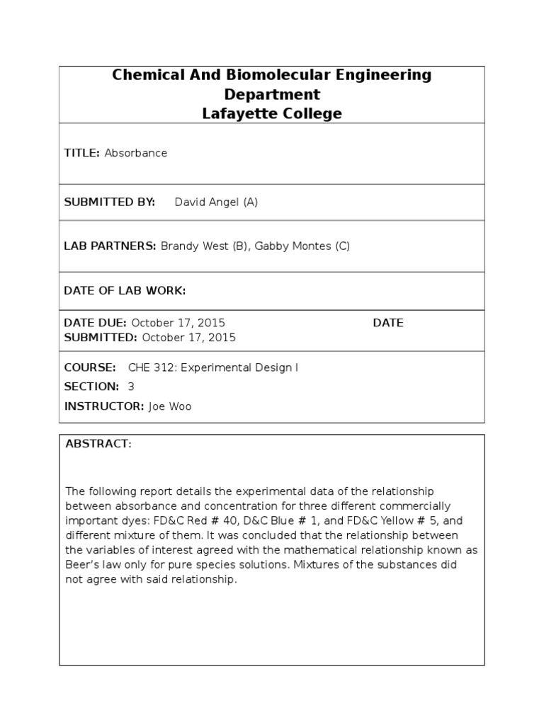 Lab Report Beers Law | PDF | Spectrophotometry | Refractive Index