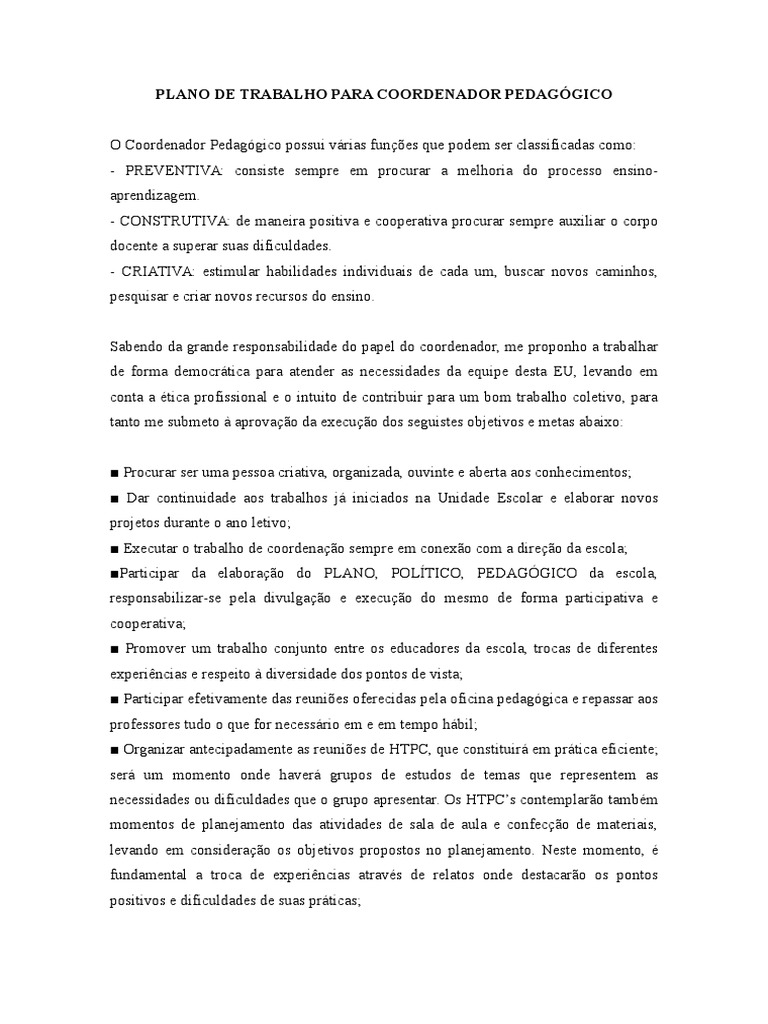 Plano de Trabalho para Coordenador Pedagógico | PDF | Escolas | Professores