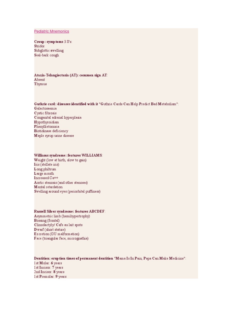Pediatric Mnemonics | PDF | Respiratory Tract | Congenital Heart Defect