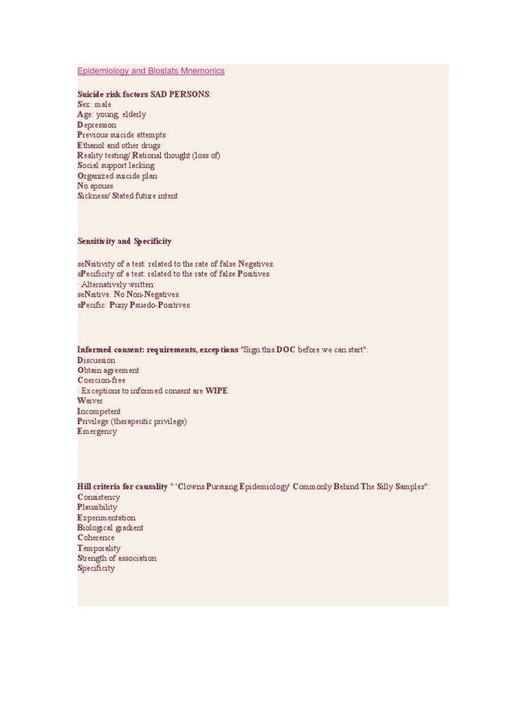 Epidemiology and Biostats Mnemonics | PDF | Self-Improvement
