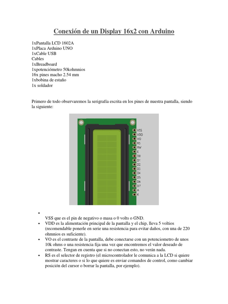 Conexión de Un Display 16x2 Con Arduino | PDF | Arduino | Pantalla de ...
