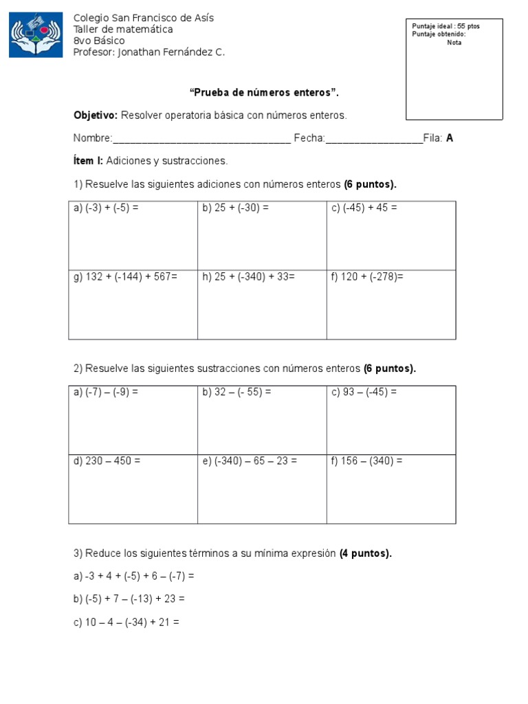 Prueba de números enteros: resolver operaciones básicas con números ...