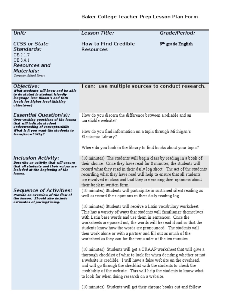 Lesson Plan For Locating Research Information | PDF | Educational ...