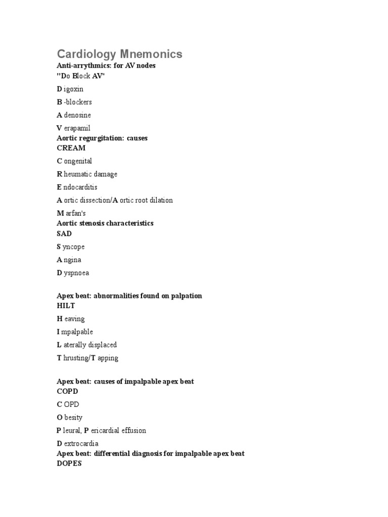 Cardiology Mneumonics | PDF | Heart | Myocardial Infarction