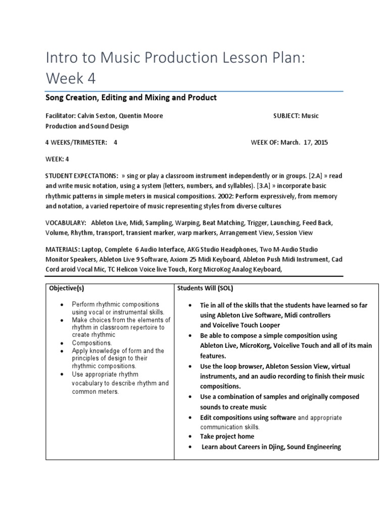 Music Production Lesson Plan 4 | Rhythm | Musical Compositions