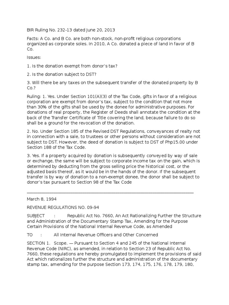 Analysis of BIR Ruling No. 232-13: Tax Treatment of Donations Between ...