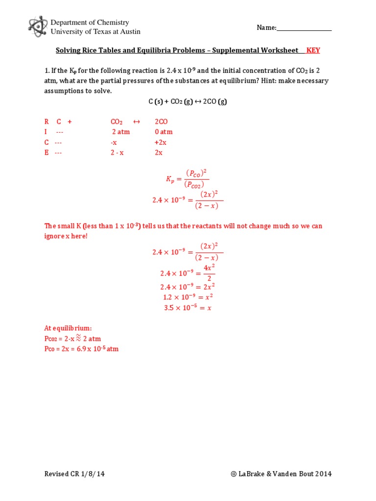 RICE Table WKST KEY | PDF | Chemical Equilibrium | Solubility