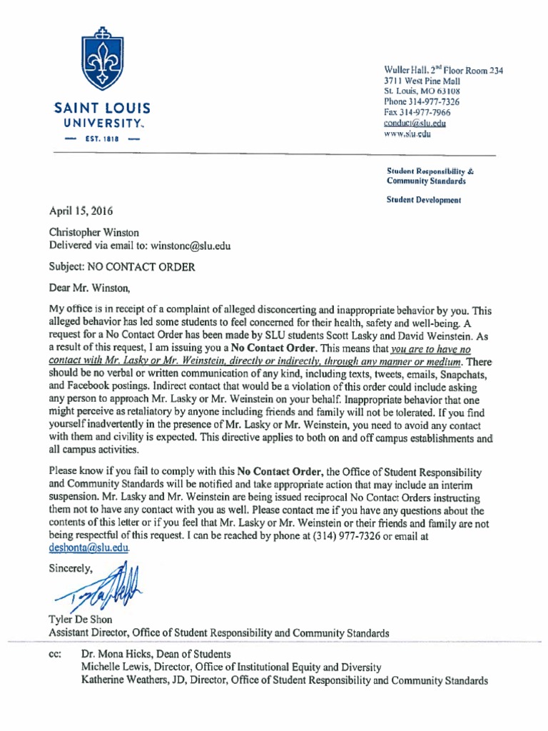 No Contact Order Notification Letter | PDF | Social Science | Wellness