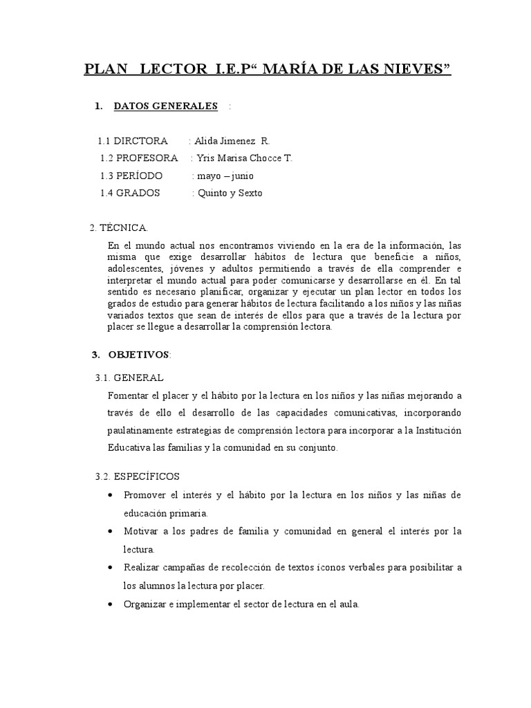 Plan Lector Primaria | PDF | Lectura (proceso) | Comprensión lectora