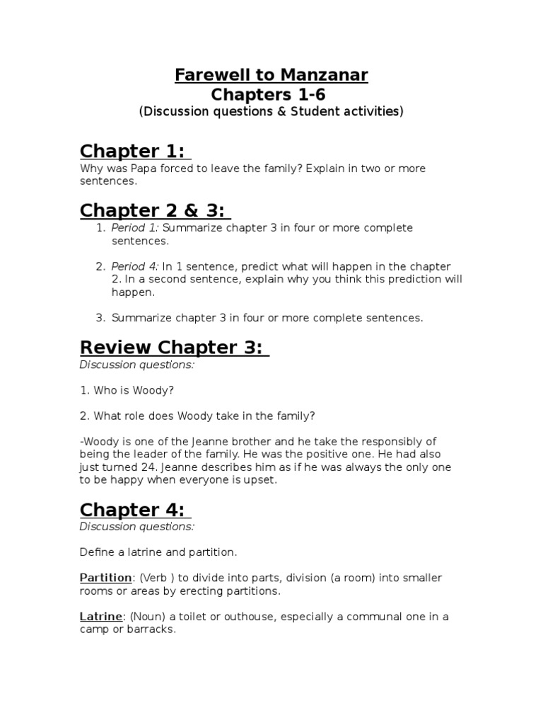 Farewell To Manzanar Chapters 1-6 Outline of Discussion Questions and ...