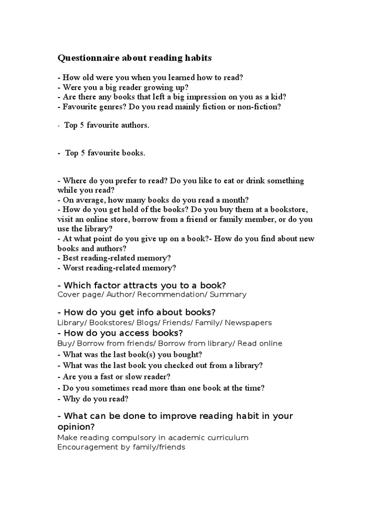 Reading Habits Questionnaire | PDF