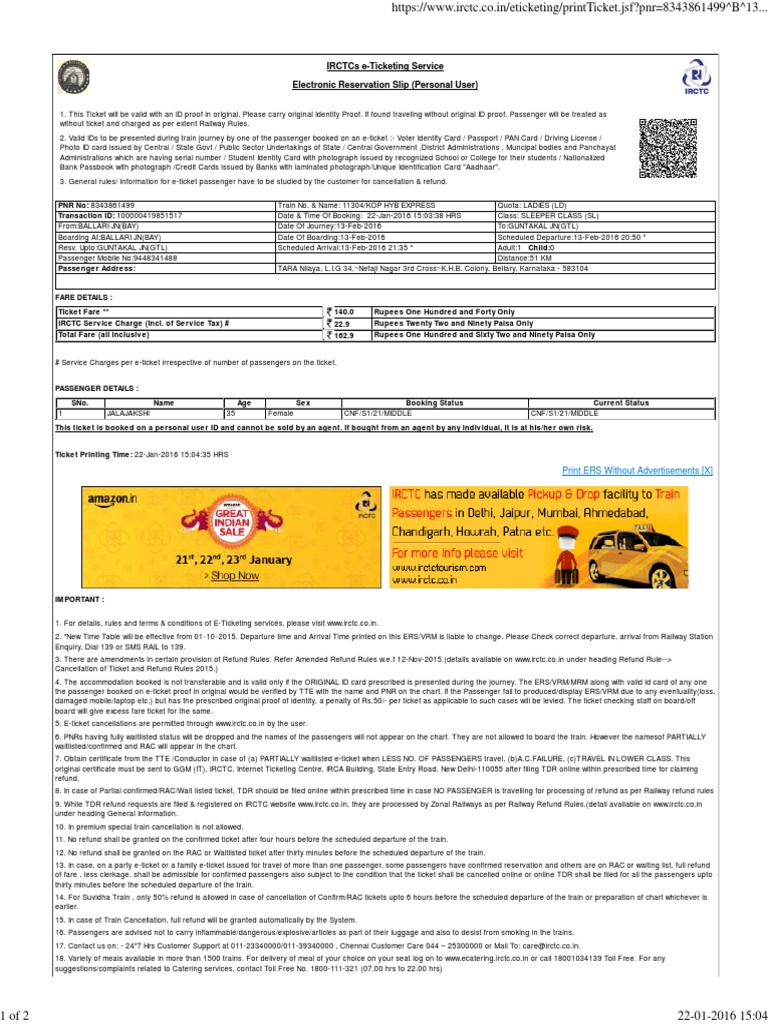 Irctcs E-Ticketing Service Electronic Reservation Slip (Personal User ...