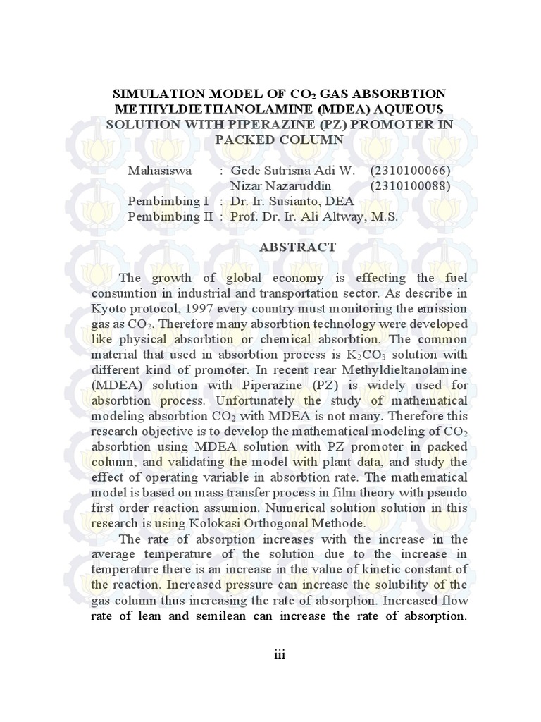 Simulation Model of Co Gas Absorbtion Methyldiethanolamine (Mdea ...