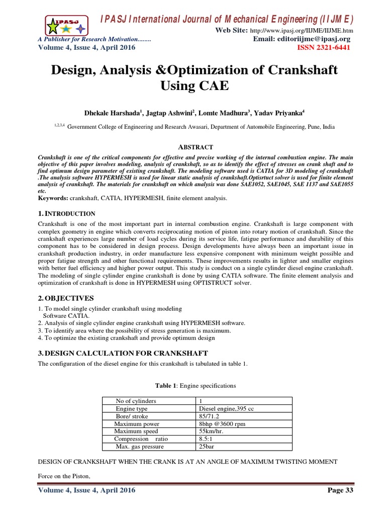 Design, Analysis &optimization of Crankshaft Using CAE | PDF | Internal ...