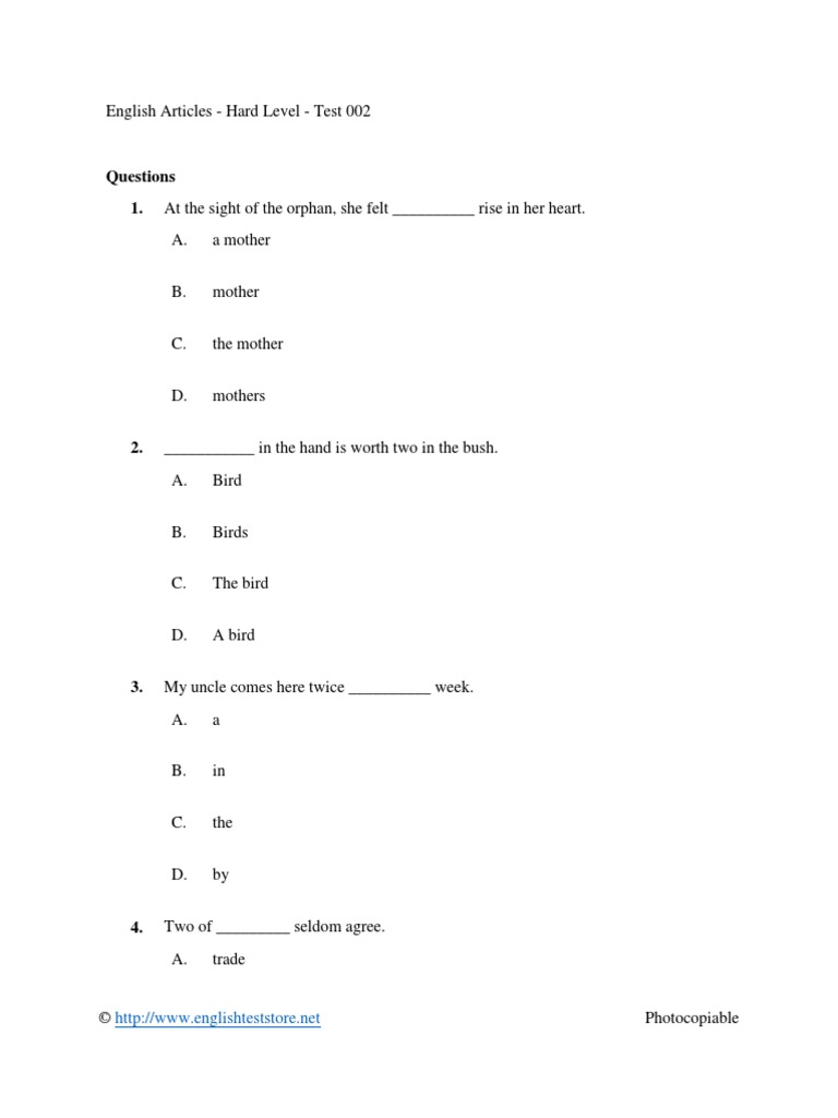 Hard Level English Articles Test | PDF | Home & Garden