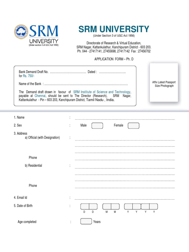 SRM University: Application Form - Ph. D | Download Free PDF | Doctor Of Philosophy | Academic ...