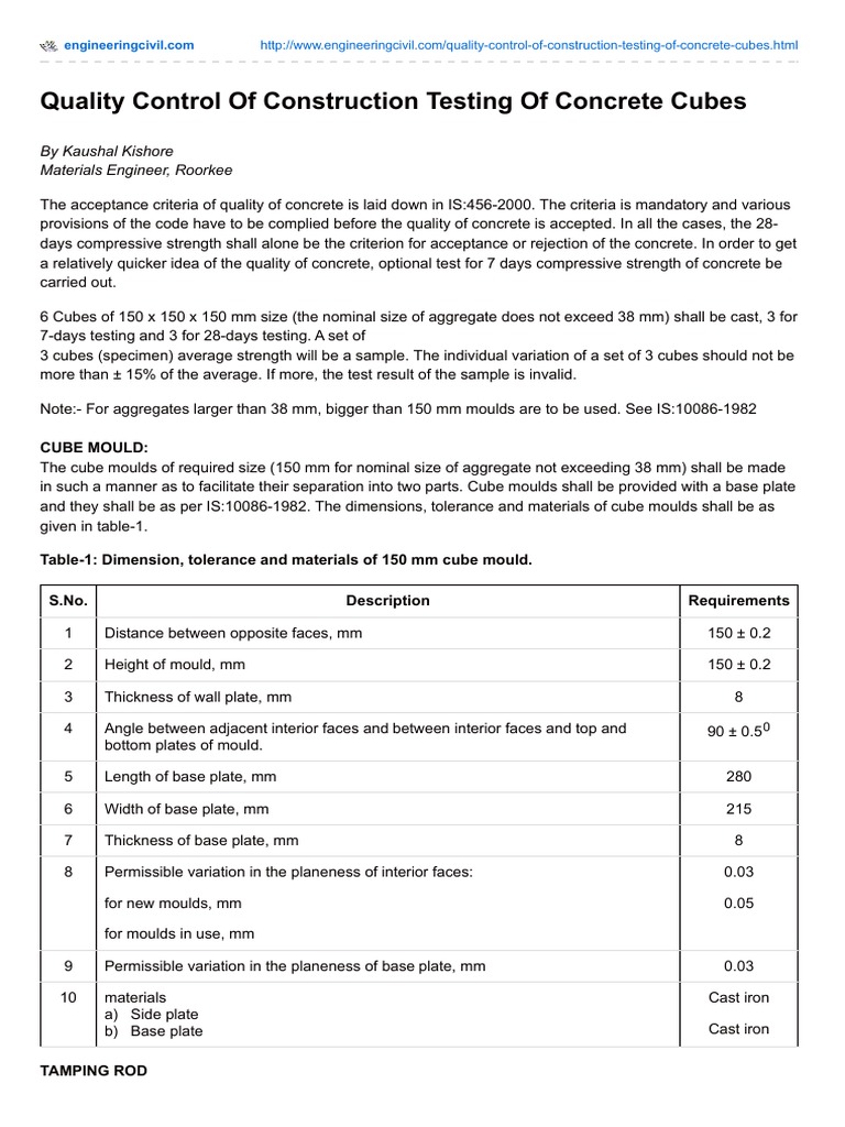 Quality Control of Construction Testing of Concrete Cubes | PDF ...