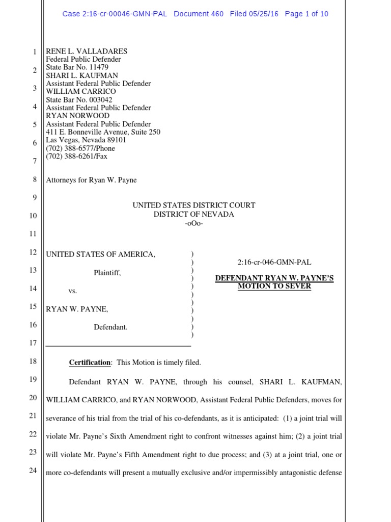 05-25-2016 ECF 460 USA V RYAN PAYNE - Ryan Payne Motion To Sever | PDF ...