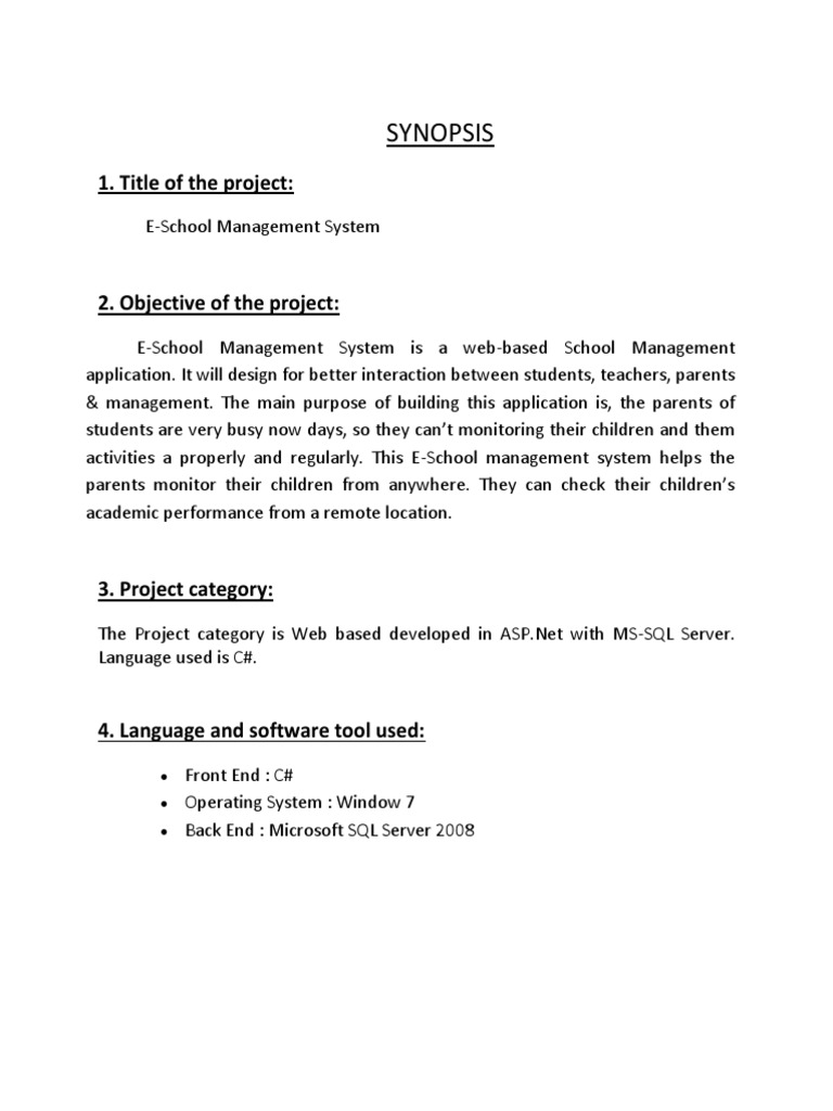 E-School Management System SYNOPSIS | PDF | Areas Of Computer Science ...