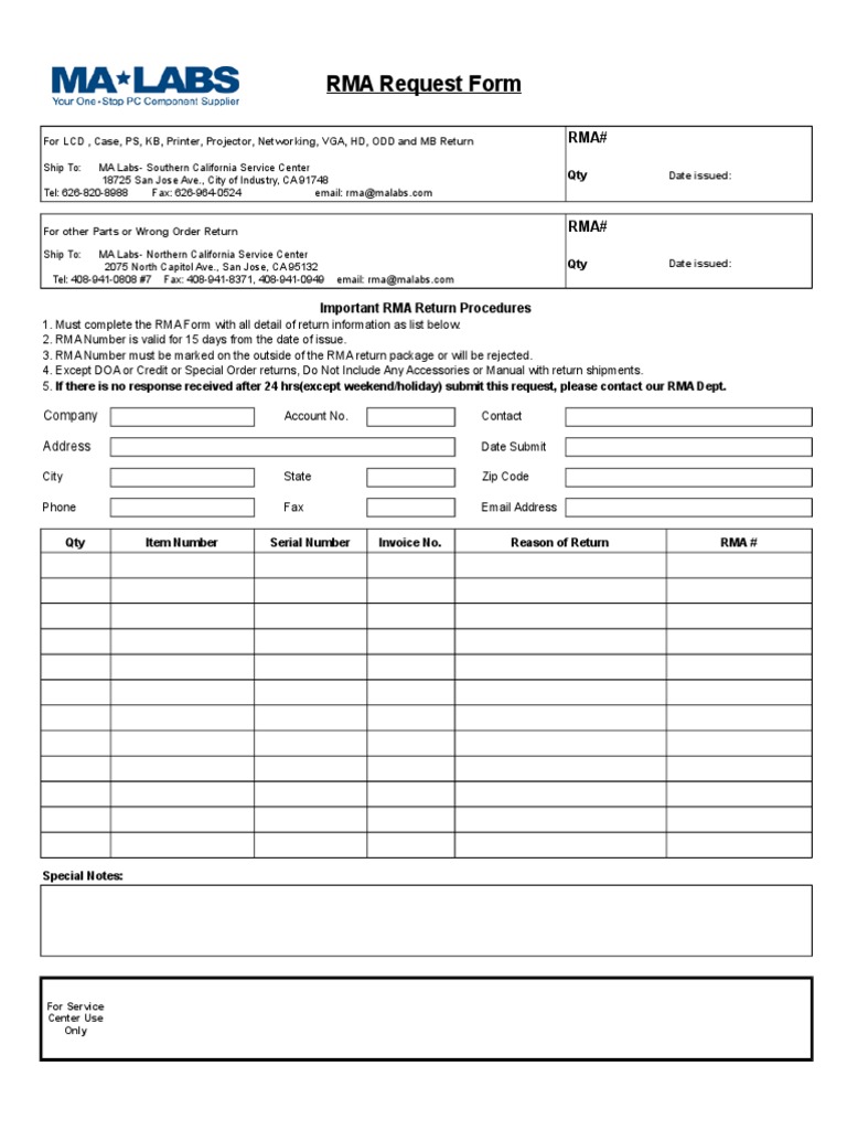 RMA Request Form: Important RMA Return Procedures | PDF