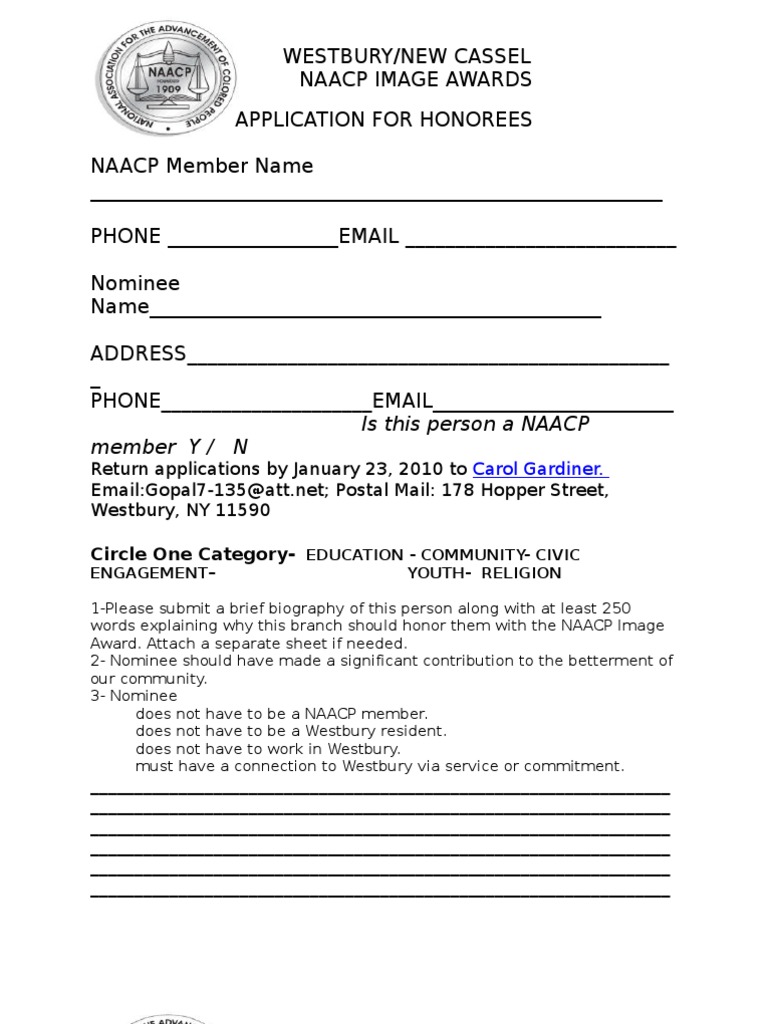 NAACP Image Awards Nomination Form | PDF