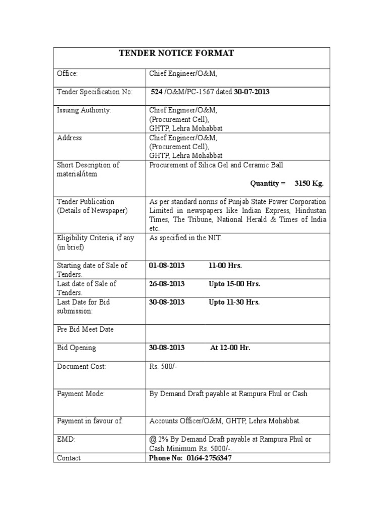 Tender Notice Format: 524 /O&M/PC-1567 Dated 30-07-2013 | PDF | Money ...