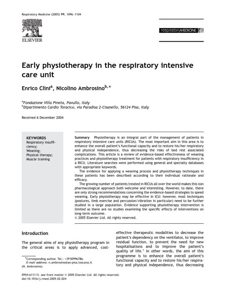 Early Respiratory in Icu | PDF | Physical Therapy | Intensive Care Medicine