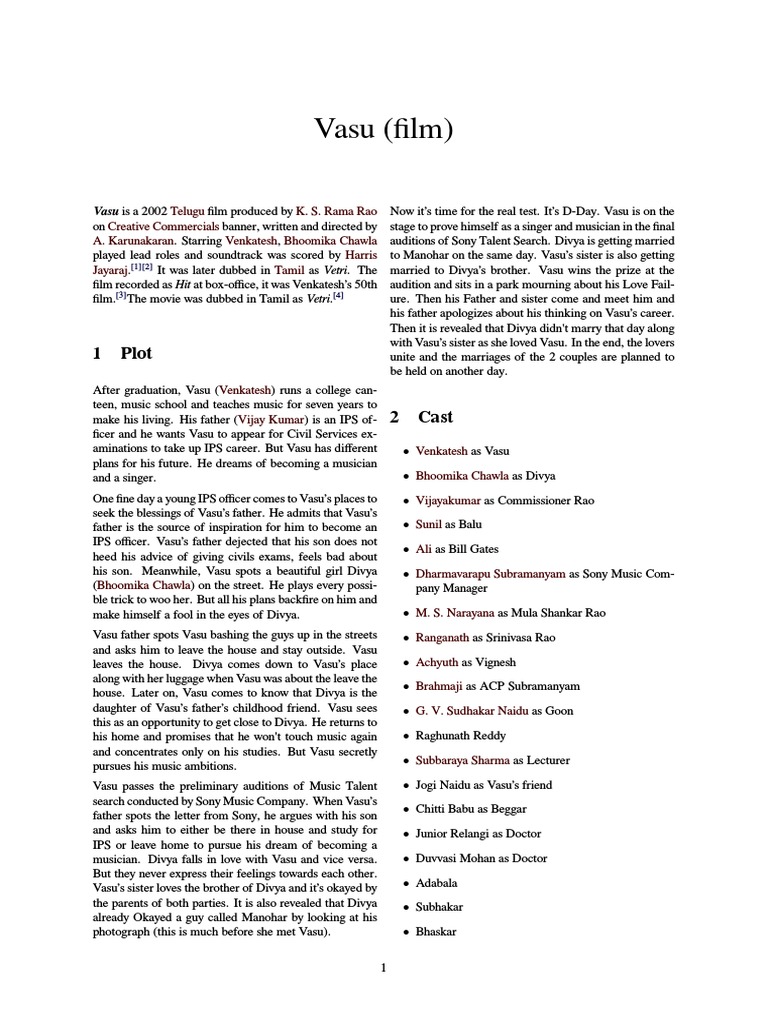 Vasu (Film) | PDF | Films Directed | Cinema Of India