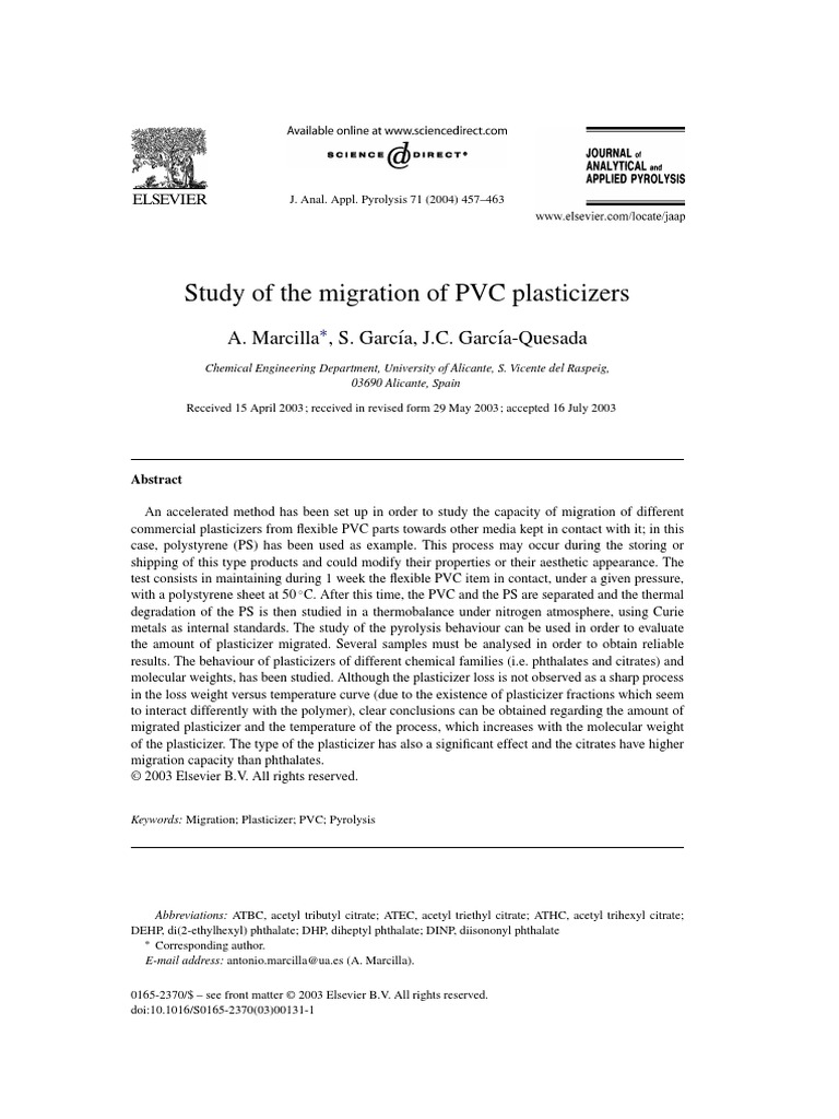 Study of The Migration of PVC Plasticizers: A. Marcilla, S. Garc Ia, J ...