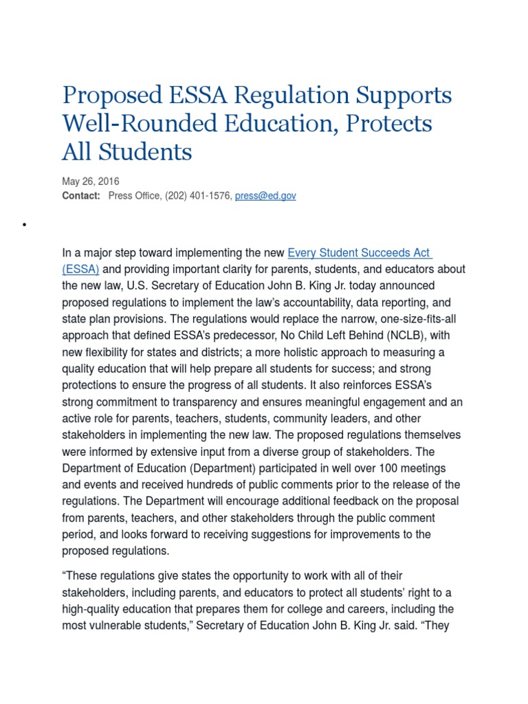 ESSA Regulations Enhance Student Education | PDF | No Child Left Behind ...