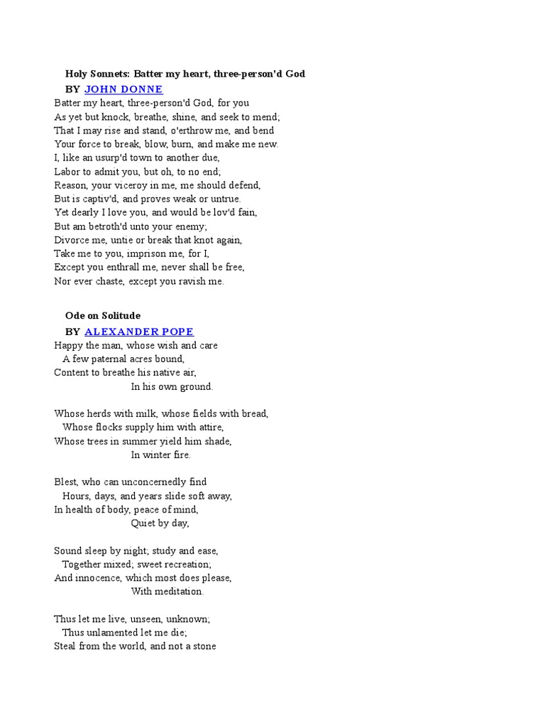 John Donne: Holy Sonnets: Batter My Heart, Three-Person'd God BY | PDF ...