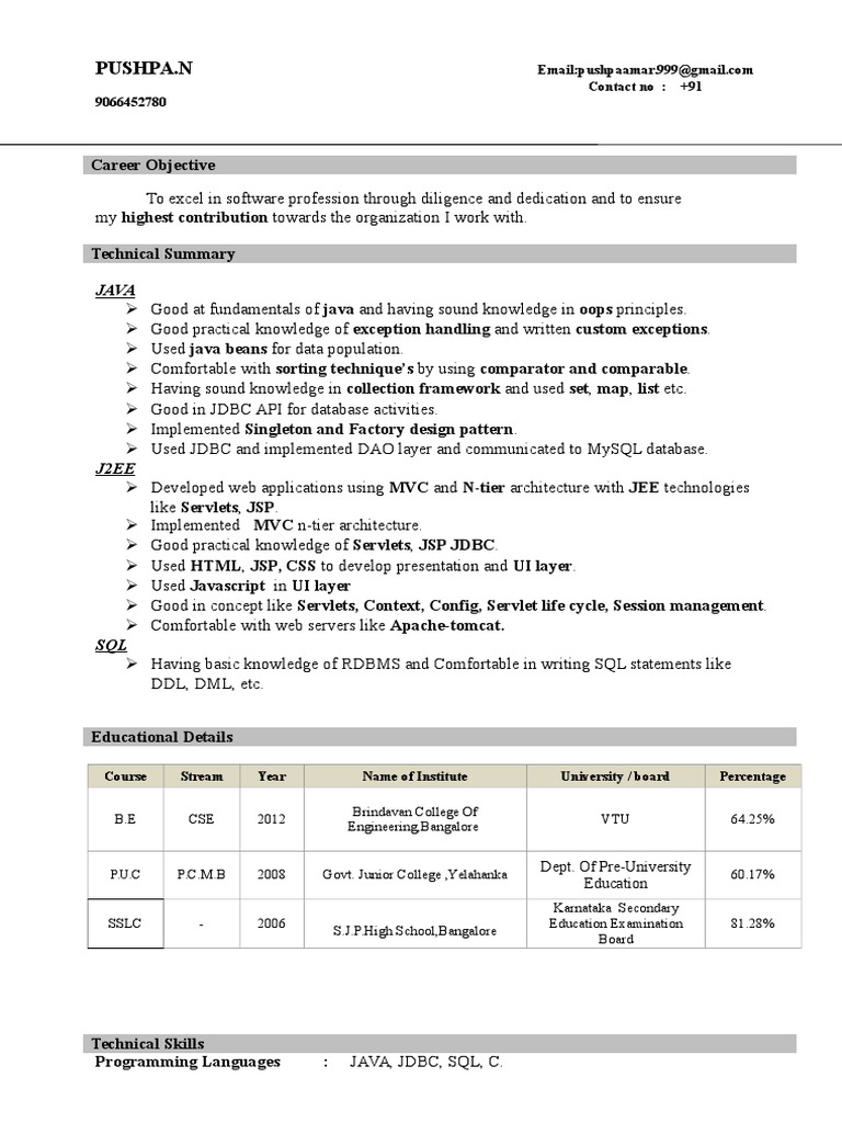 Pushpa.N: Career Objective | Download Free PDF | Java Servlet | Java Server Pages