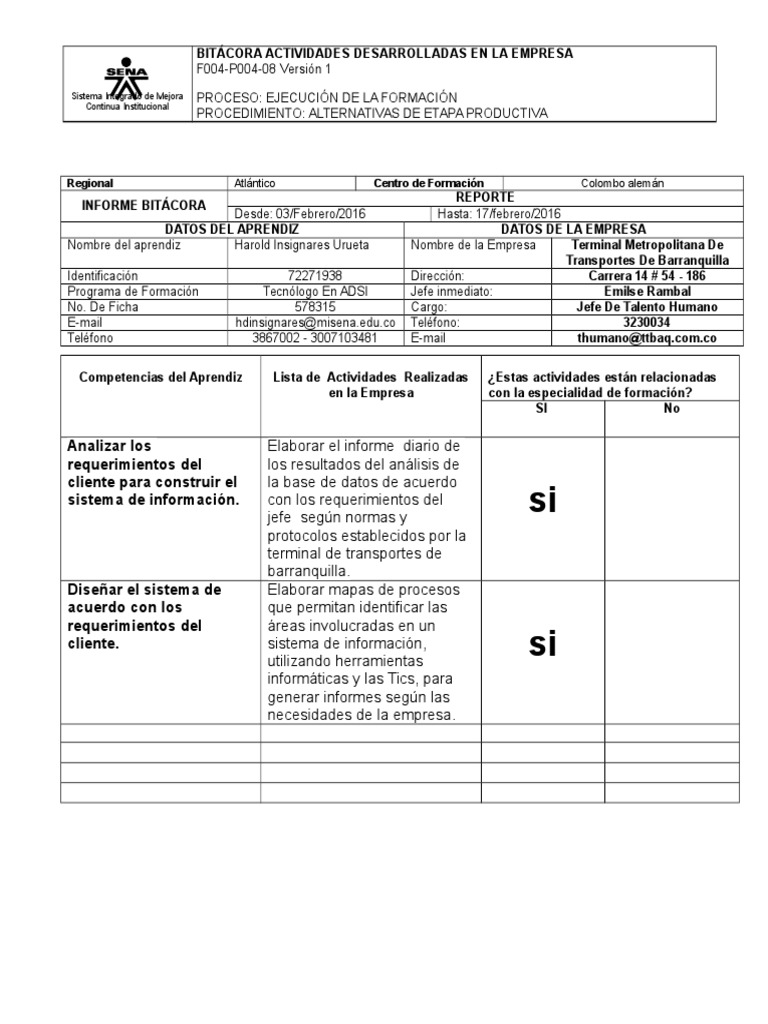 Formato de Bitacora Sena | PDF